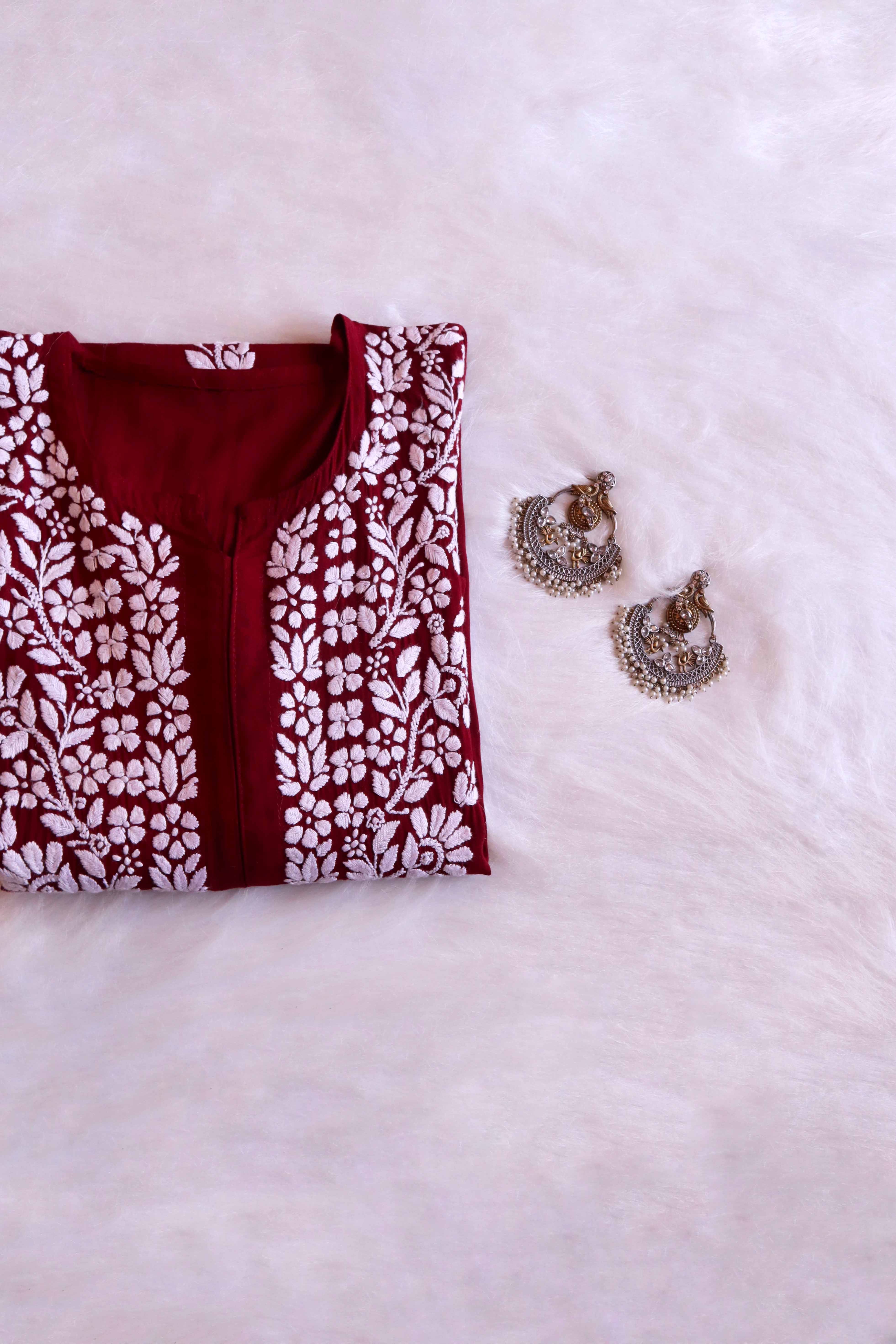 Ferisha Maroon Long Modal Kurta – Noor Chikankari