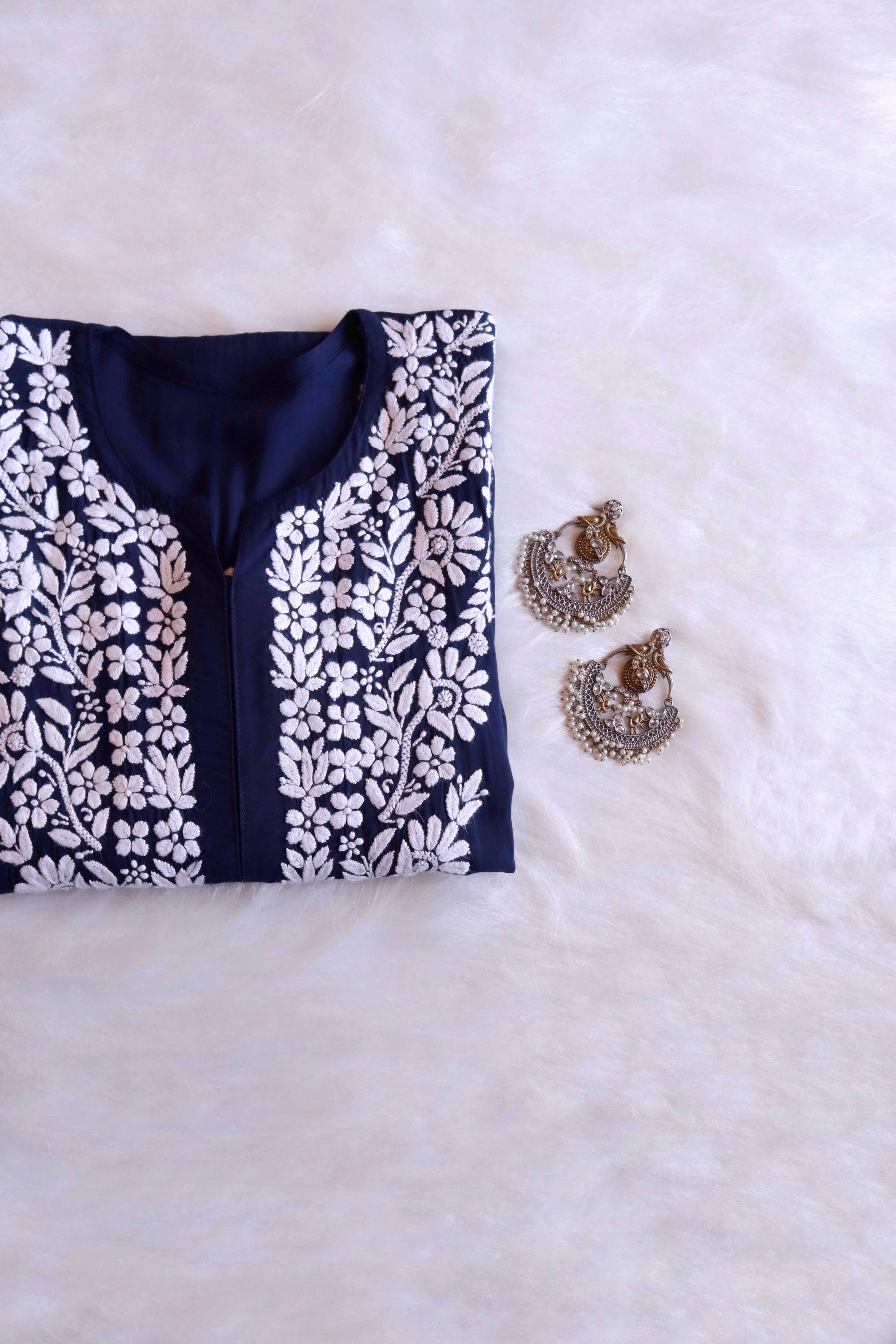 Ferisha Navy Blue Long Modal Kurta – Noor Chikankari