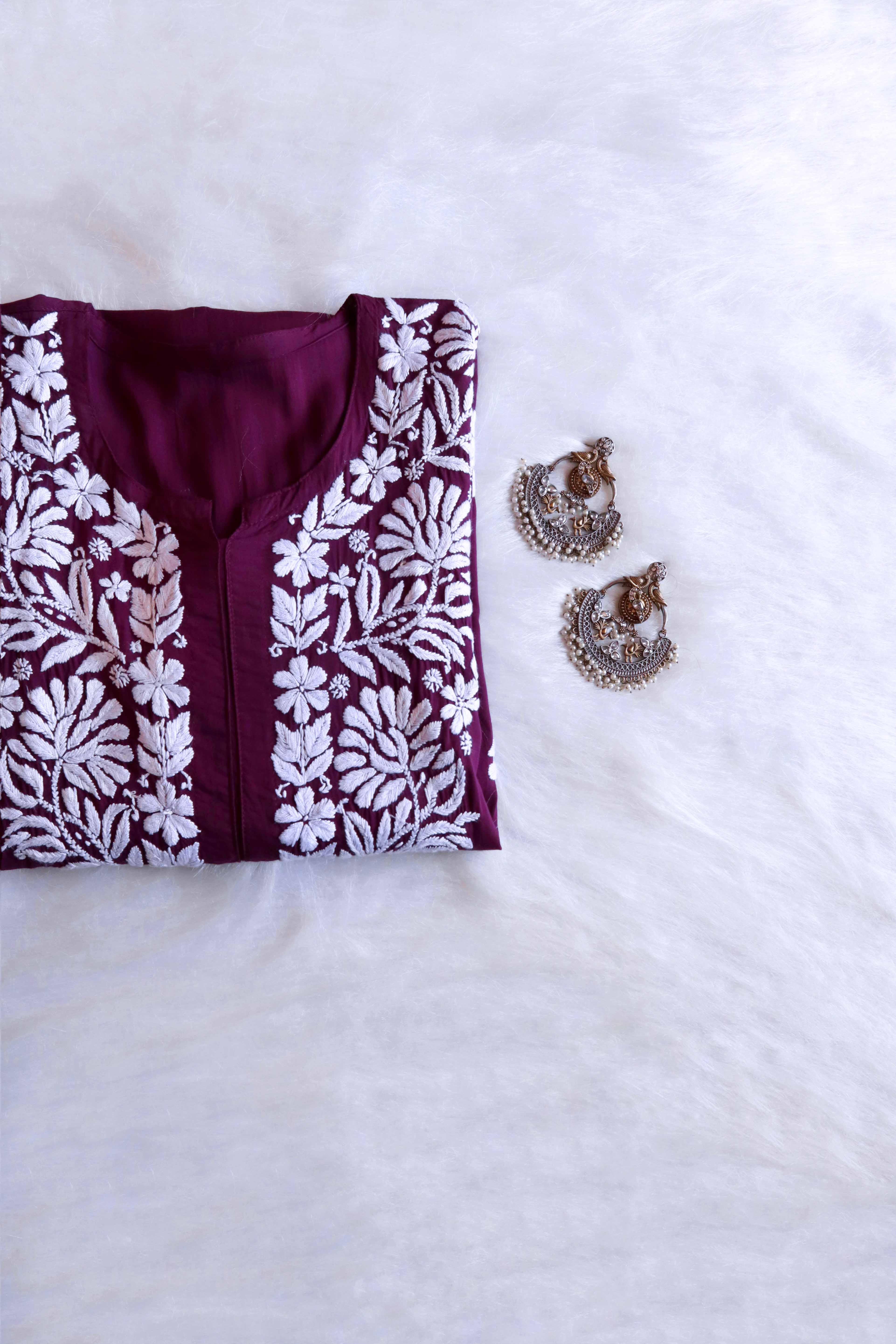 Ferisha Deep Purple Long Modal Kurta – Noor Chikankari