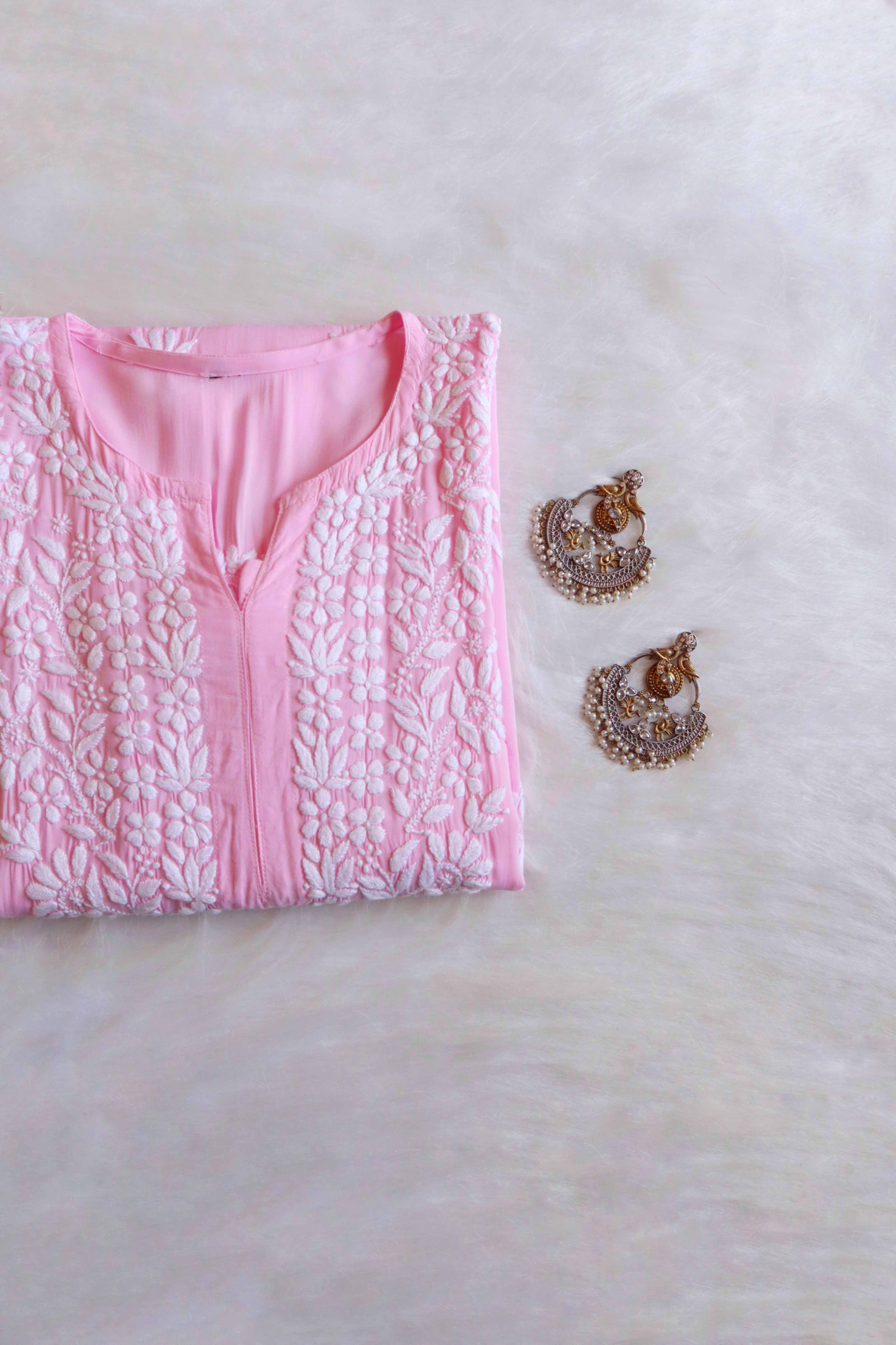 Ferisha Pink Long Modal Kurta – Noor Chikankari