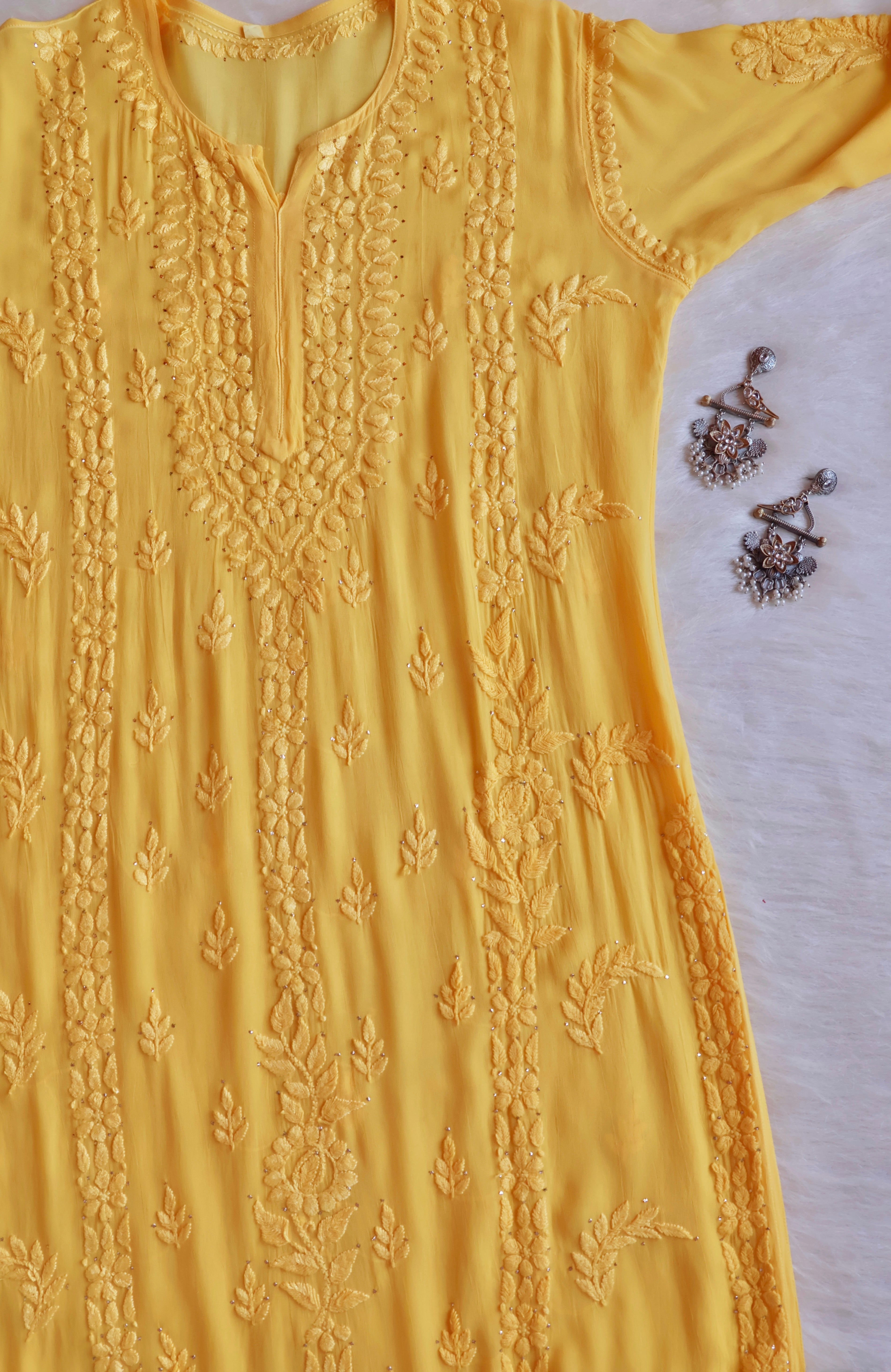 Zamda Yellow Viscose Georgette Kurta – Noor Chikankari